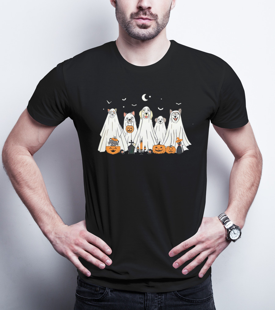Halloween Ghost Dog Pack With Pumpkins And Moonlit Night T-Shirt
