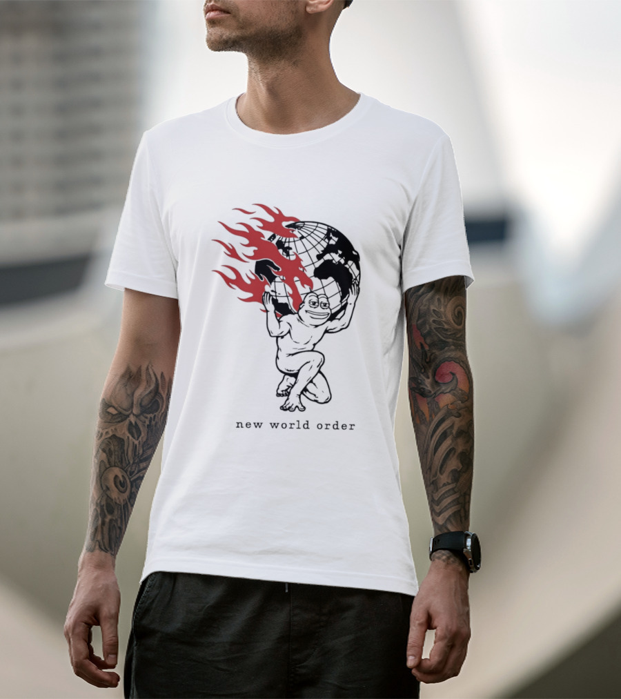 Frog Carrying Burning Earth With Flames New World Order T-Shirt