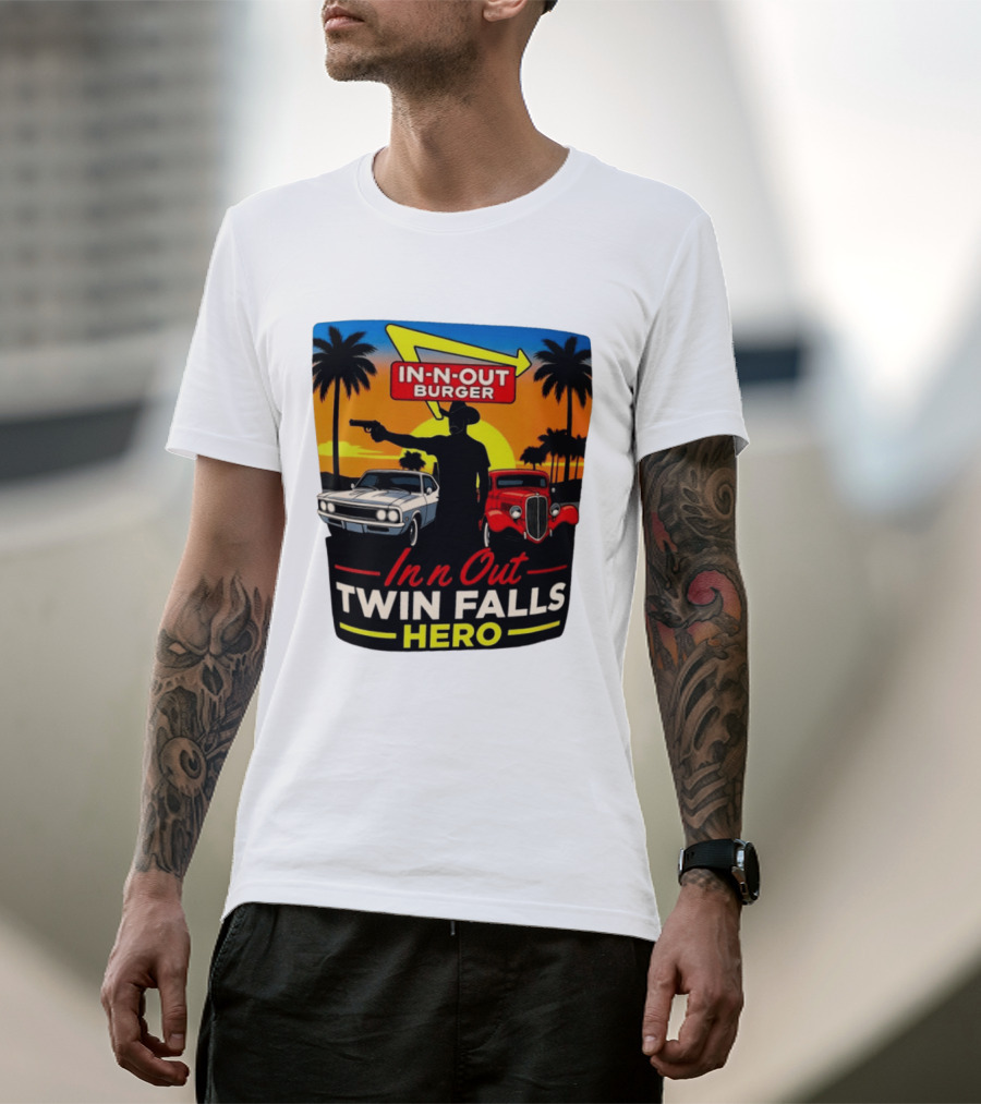 In N Out Burger Twin Falls Hero Sunset Cars Palms 2026 T-Shirt