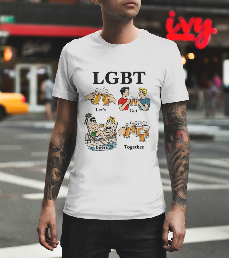 LGBT Let's Get Beers Together Retro Style Beer Cheers Illustrations T-Shirt