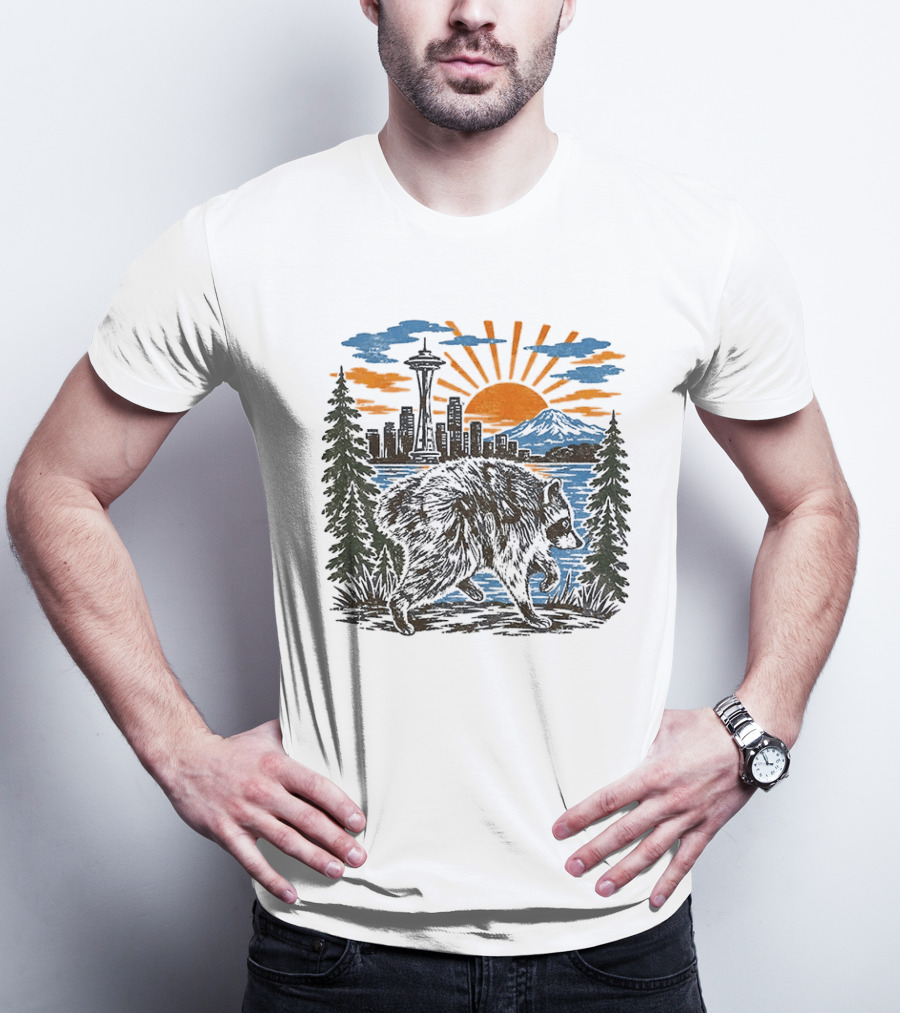 Raccoon Jimothy Seattle Skyline Sunset With Space Needle T-Shirt