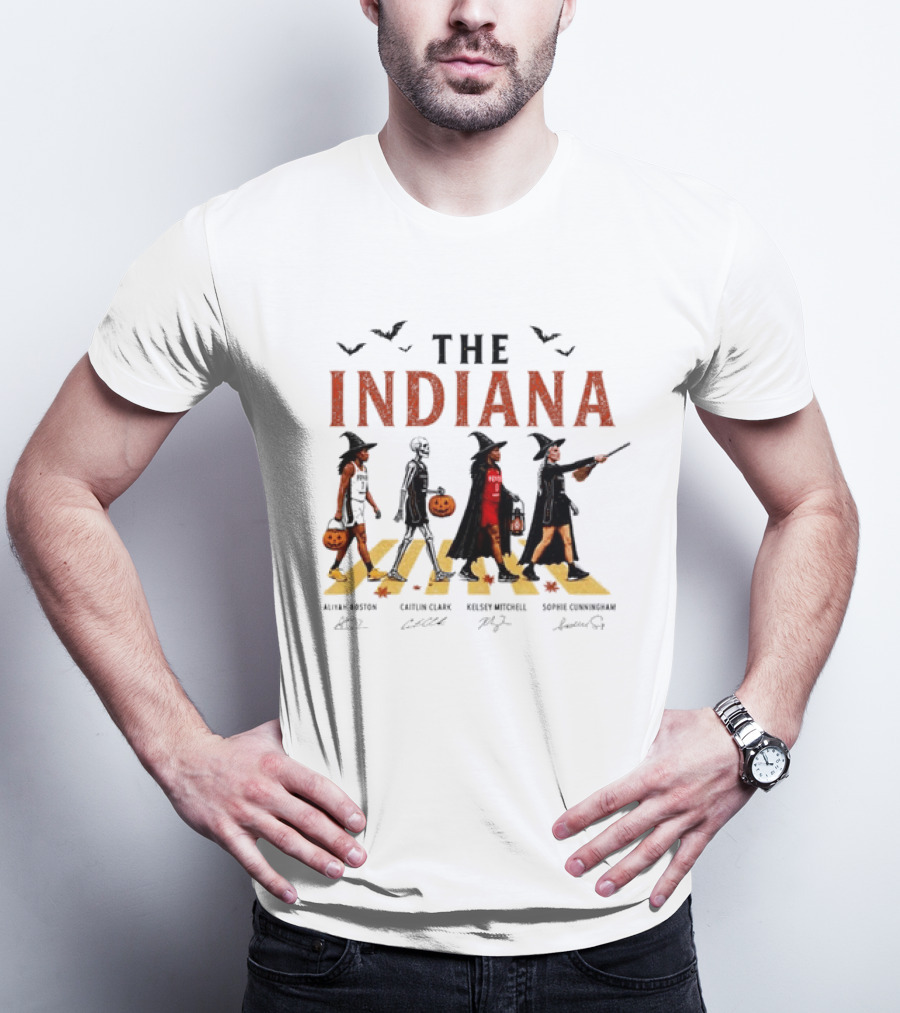 The Indiana Fever WNBA Aliyah Boston Caitlin Clark Kelsey Mitchell Sophie Cunningham Halloween Crosswalk Skeleton Witches Pumpkin T-Shirt
