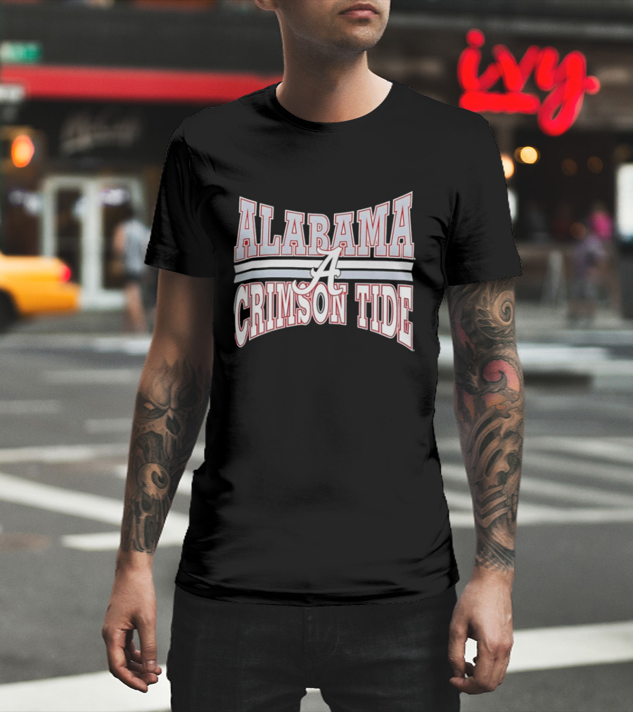 Alabama Crimson Tide Script A Curved Stripes Block Lettering T-Shirt