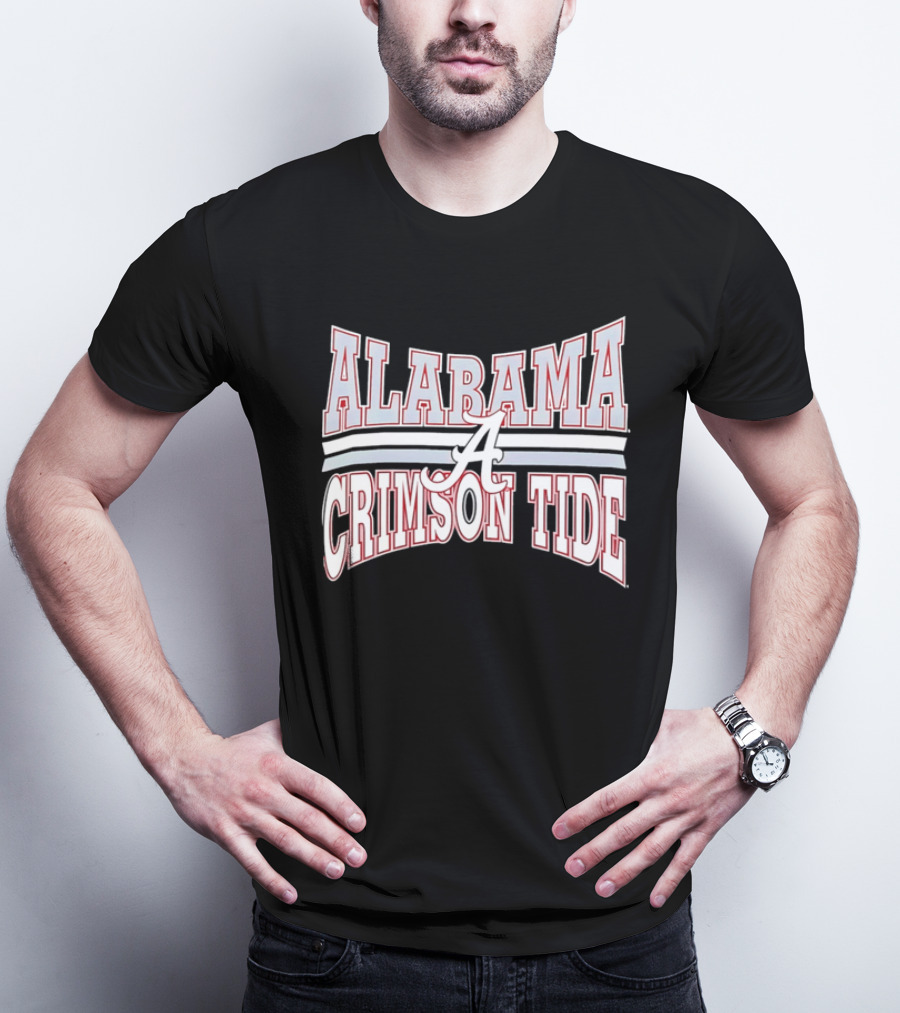 Alabama Crimson Tide Script A Curved Stripes Block Lettering T-Shirt