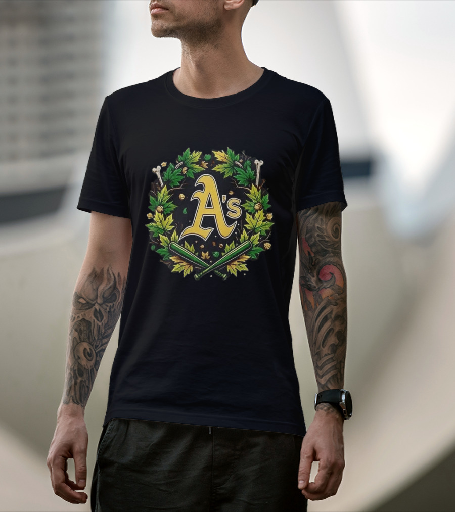 A's Halloween Maple Leaves Skull Crossed Bats Baseballs T-Shirt