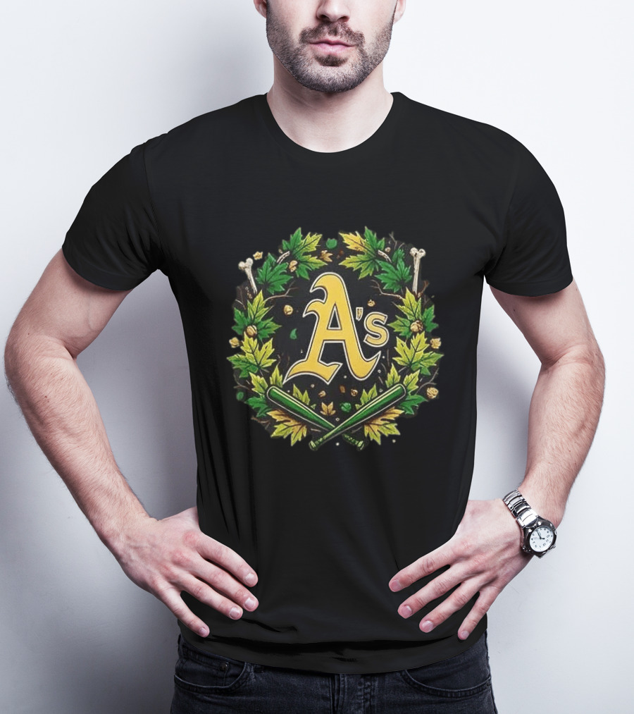 A's Halloween Maple Leaves Skull Crossed Bats Baseballs T-Shirt