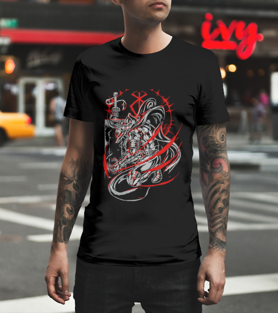 Berserk Dragonslayer Sword Armored Knight Red Sacrifice Glyph T-Shirt