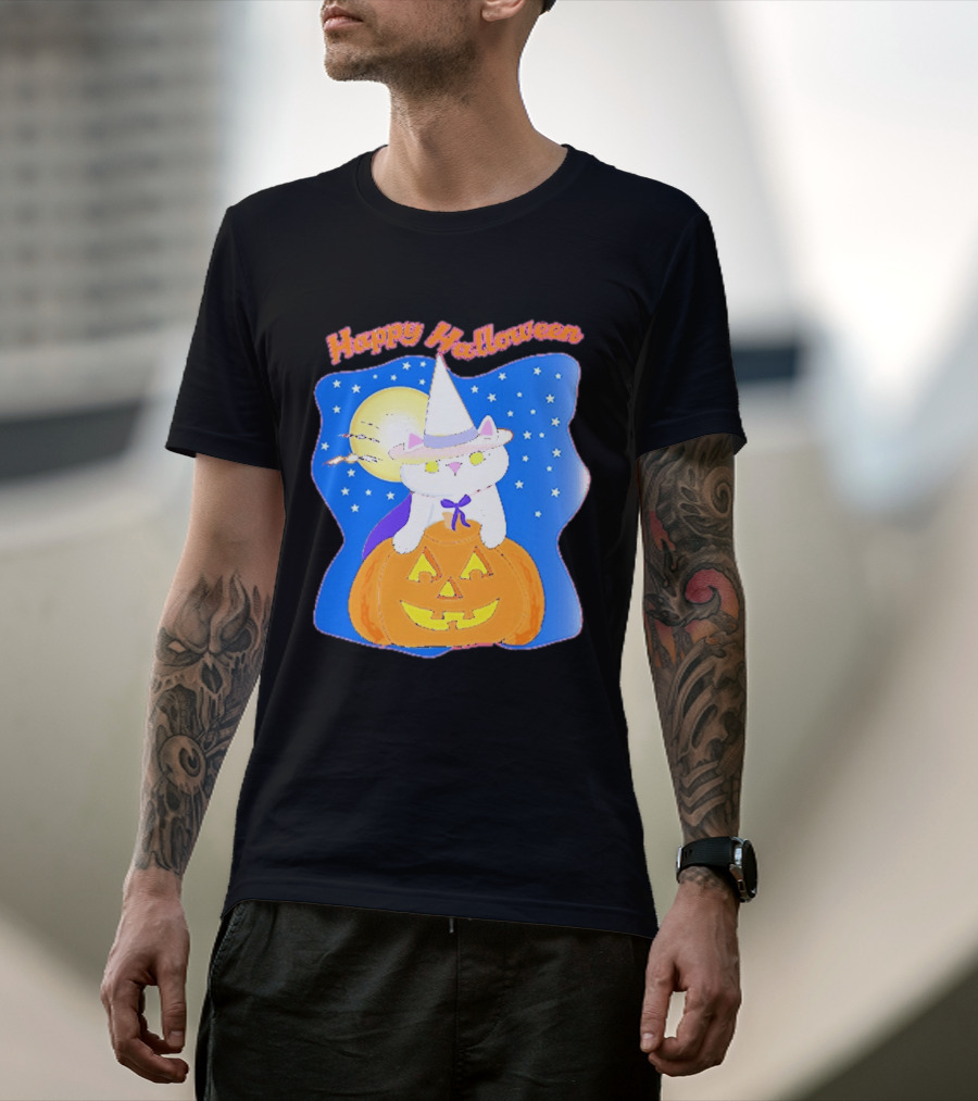 Happy Halloween Cat Witch On Pumpkin With Full Moon And Stars T-Shirt