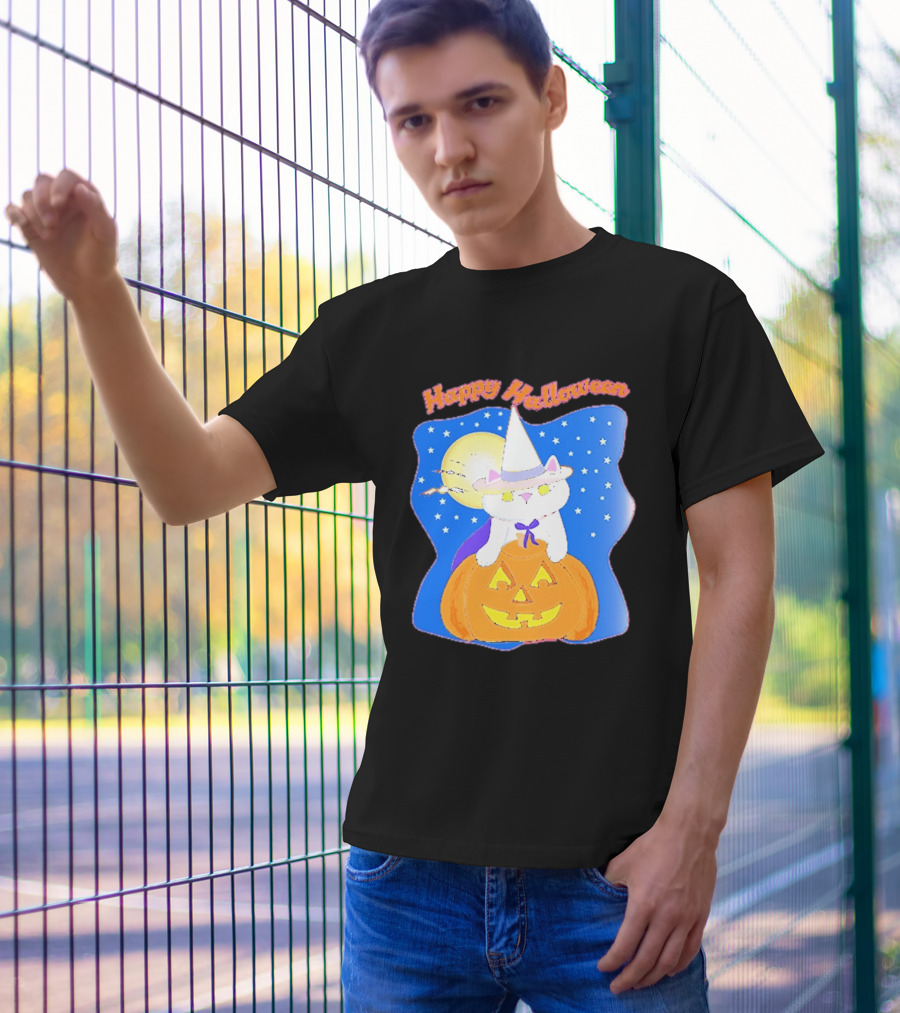 Happy Halloween Cat Witch On Pumpkin With Full Moon And Stars T-Shirt