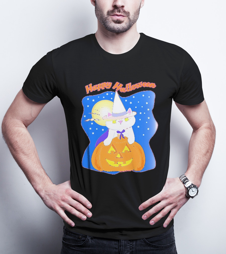 Happy Halloween Cat Witch On Pumpkin With Full Moon And Stars T-Shirt