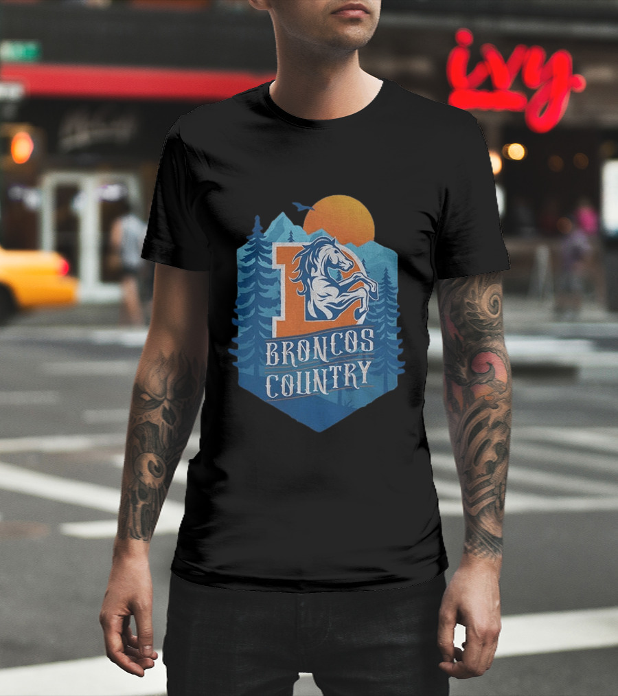 Denver Broncos Country Logo Football Mountain Sunset T-Shirt