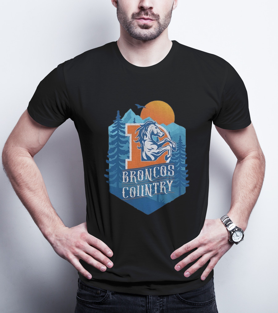 Denver Broncos Country Logo Football Mountain Sunset T-Shirt