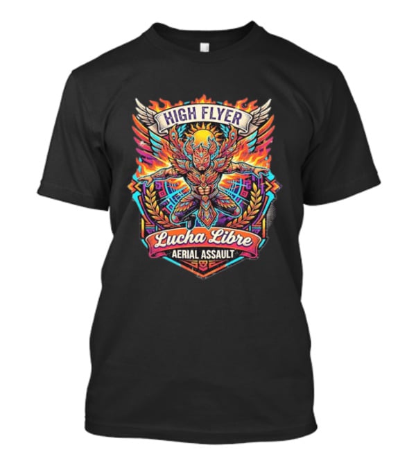 High Flyer Lucha Libre Aerial Assault Winged Masked Wrestler Sun Flames T-Shirt