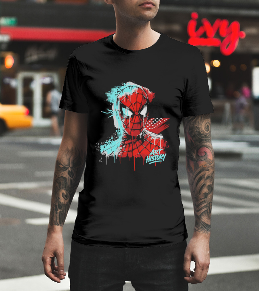Spider Man Mask Dripping Paint Graffiti Art History Halftone Splatter T-Shirt