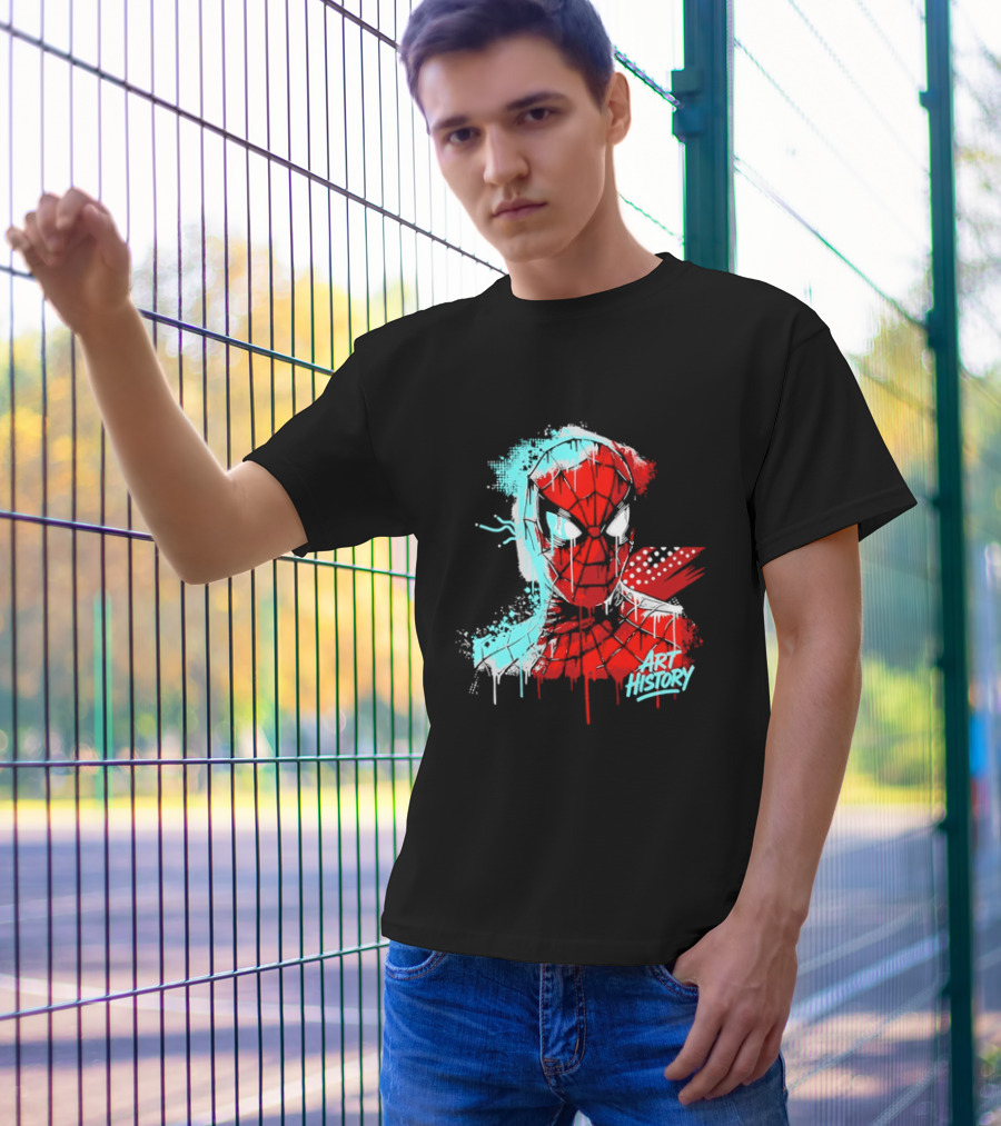 Spider Man Mask Dripping Paint Graffiti Art History Halftone Splatter T-Shirt