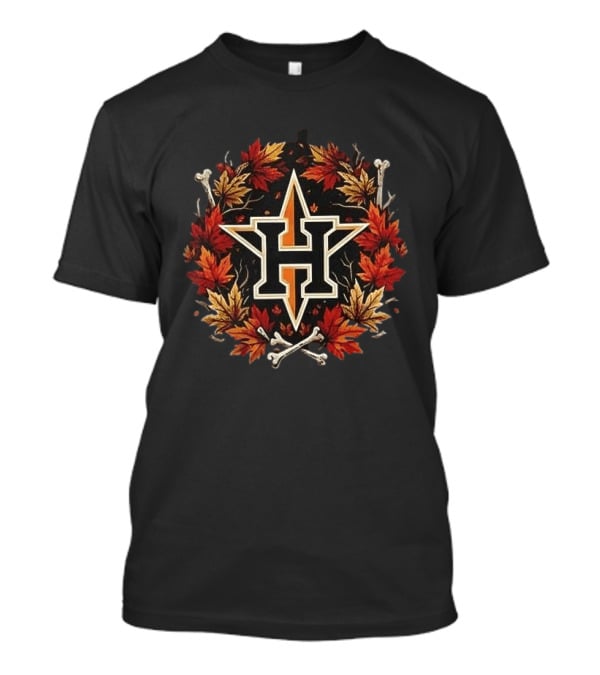 Houston Astros Halloween Maple Leaves Skull Crossed Bats Baseballs T-Shirt