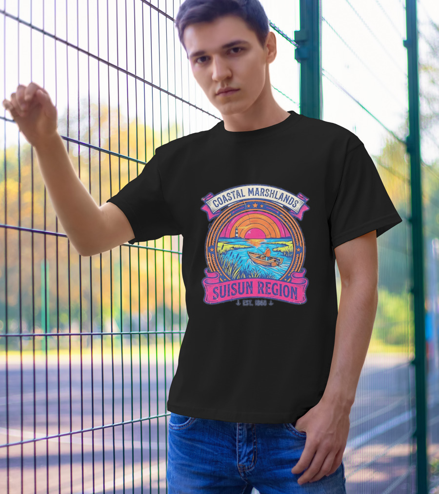 Coastal Marshlands Suisun Region Established 1868 Distressed Sunset Lighthouse Fisherman Boat Marsh T-Shirt