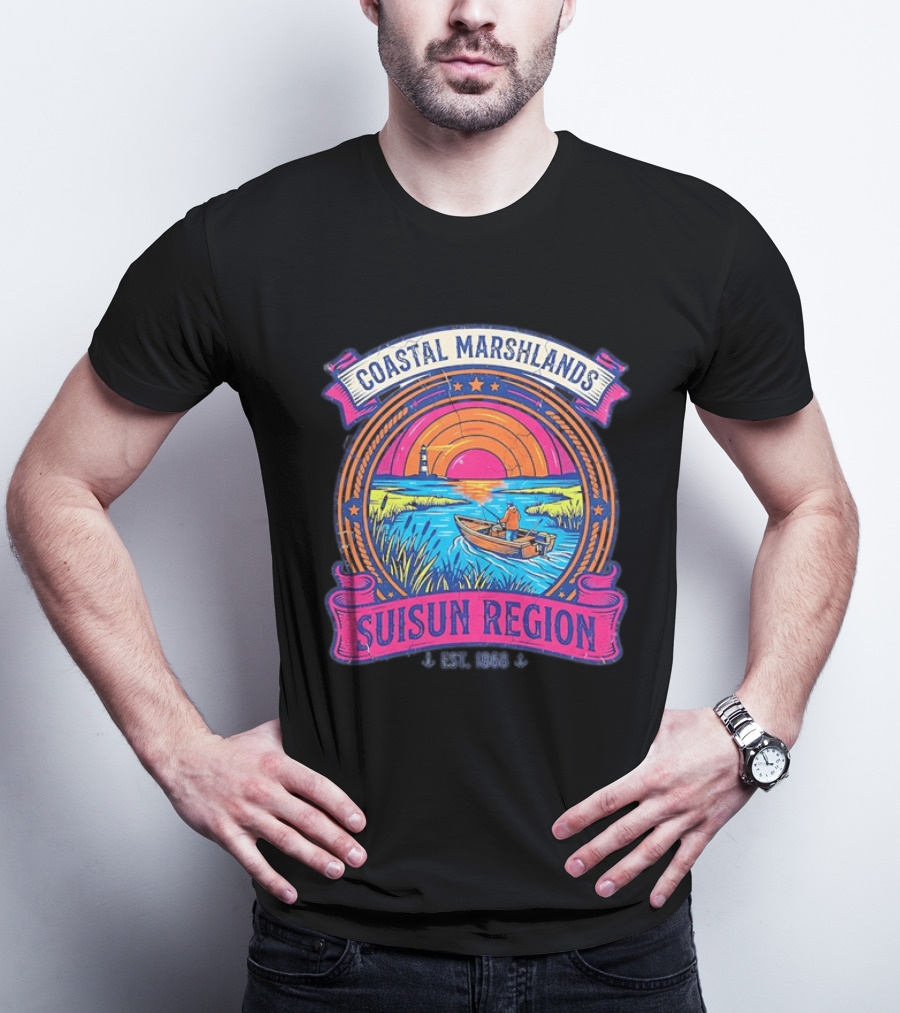 Coastal Marshlands Suisun Region Established 1868 Distressed Sunset Lighthouse Fisherman Boat Marsh T-Shirt
