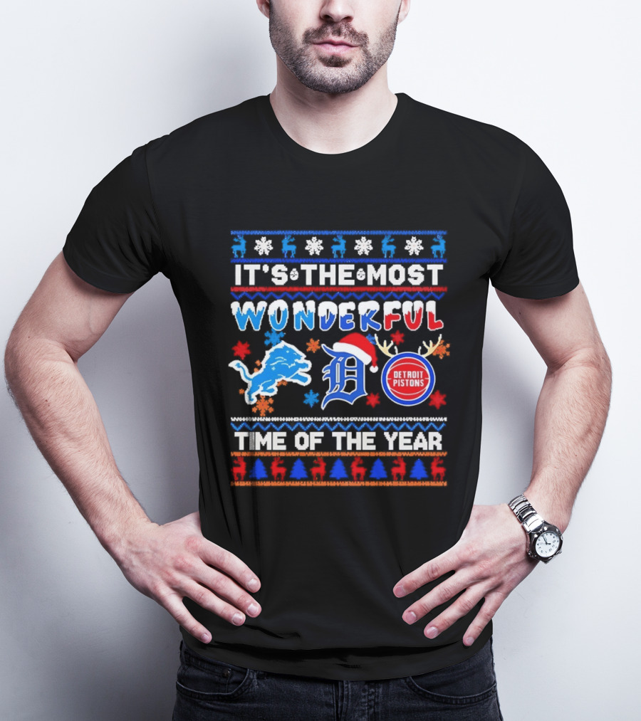 Detroit Lions And Pistons Christmas 2026 It's The Most Wonderful Time Of The Year T-Shirt