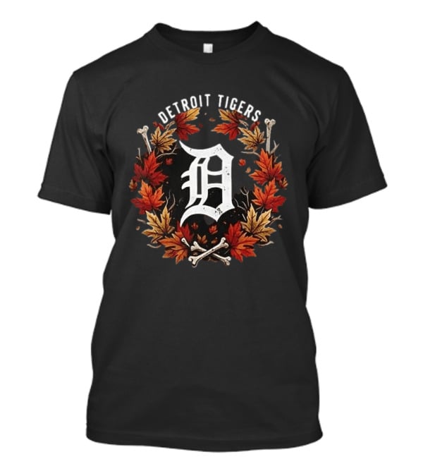 Detroit Tigers Maple Leaves Skull Crossed Bones Halloween Baseballs T-Shirt