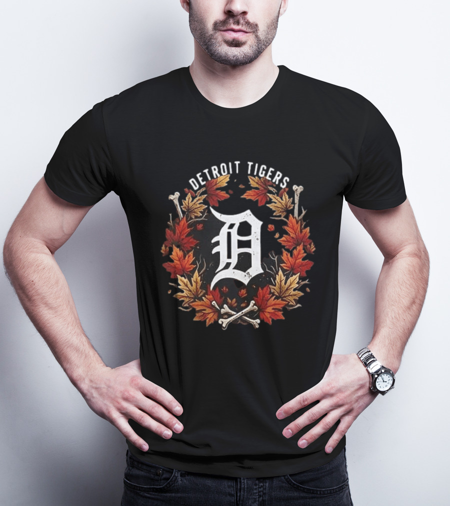 Detroit Tigers Maple Leaves Skull Crossed Bones Halloween Baseballs T-Shirt