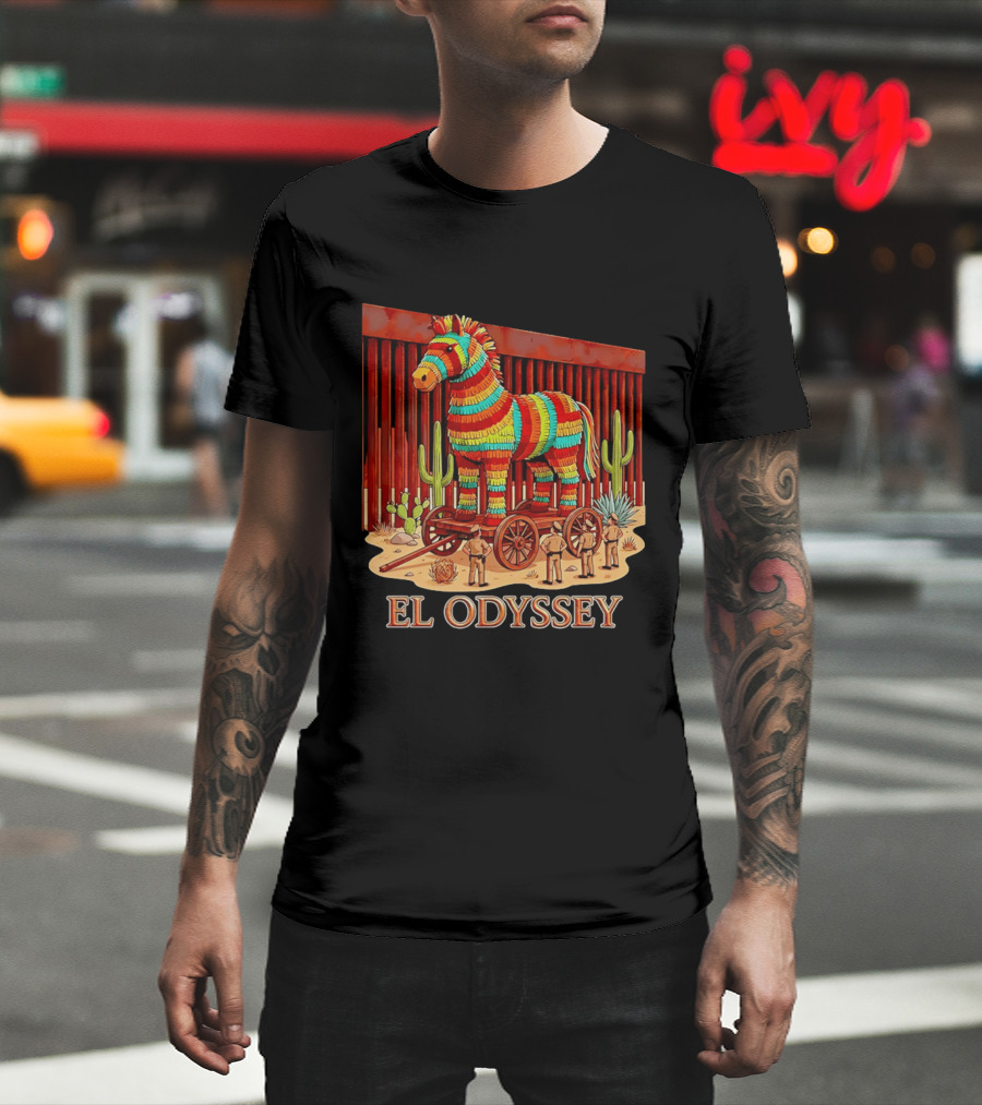 El Odyssey Piñata Horse Statue At Border With Cacti And Soldiers T-Shirt