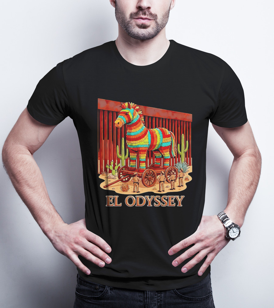 El Odyssey Piñata Horse Statue At Border With Cacti And Soldiers T-Shirt