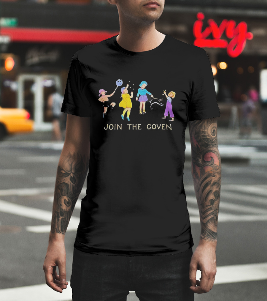 Join The Coven Funny Retro Witchy Kids Playing With Black Cat T-Shirt