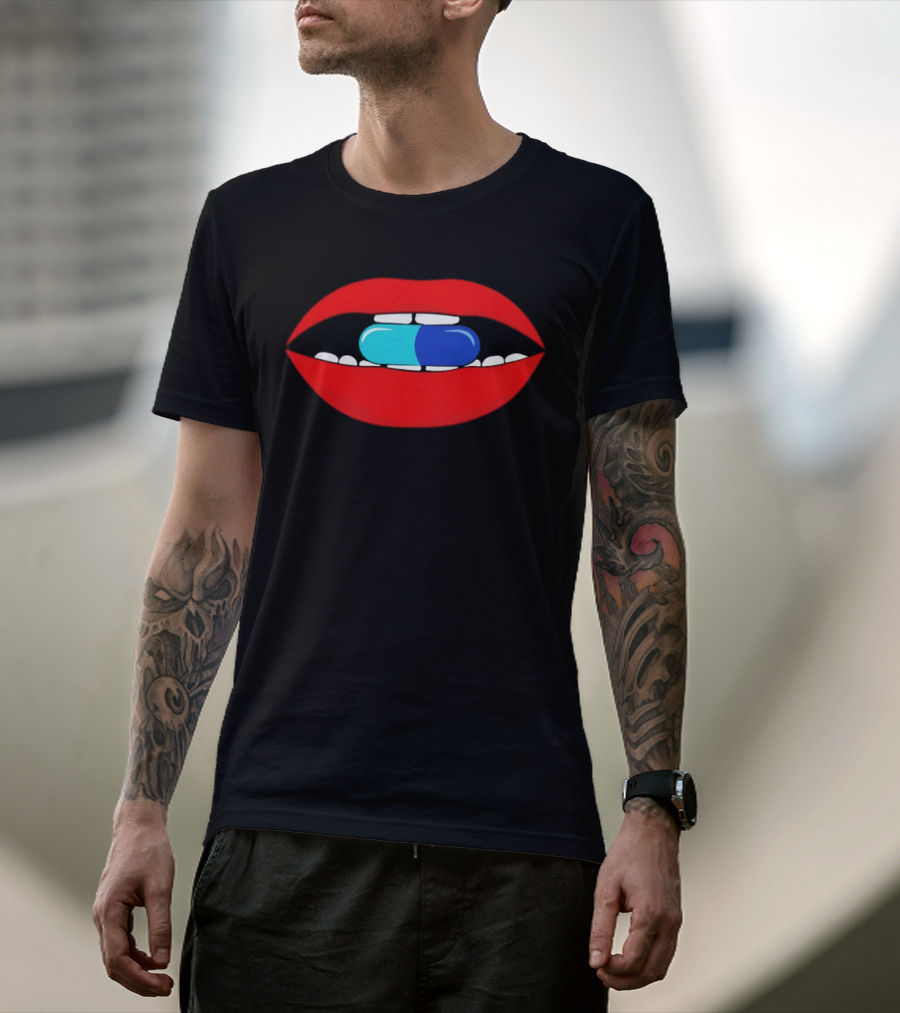 Red Lips Blue And Cyan Pill Bite T-Shirt