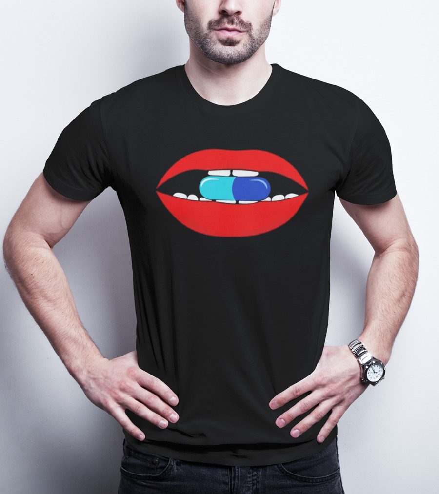 Red Lips Blue And Cyan Pill Bite T-Shirt