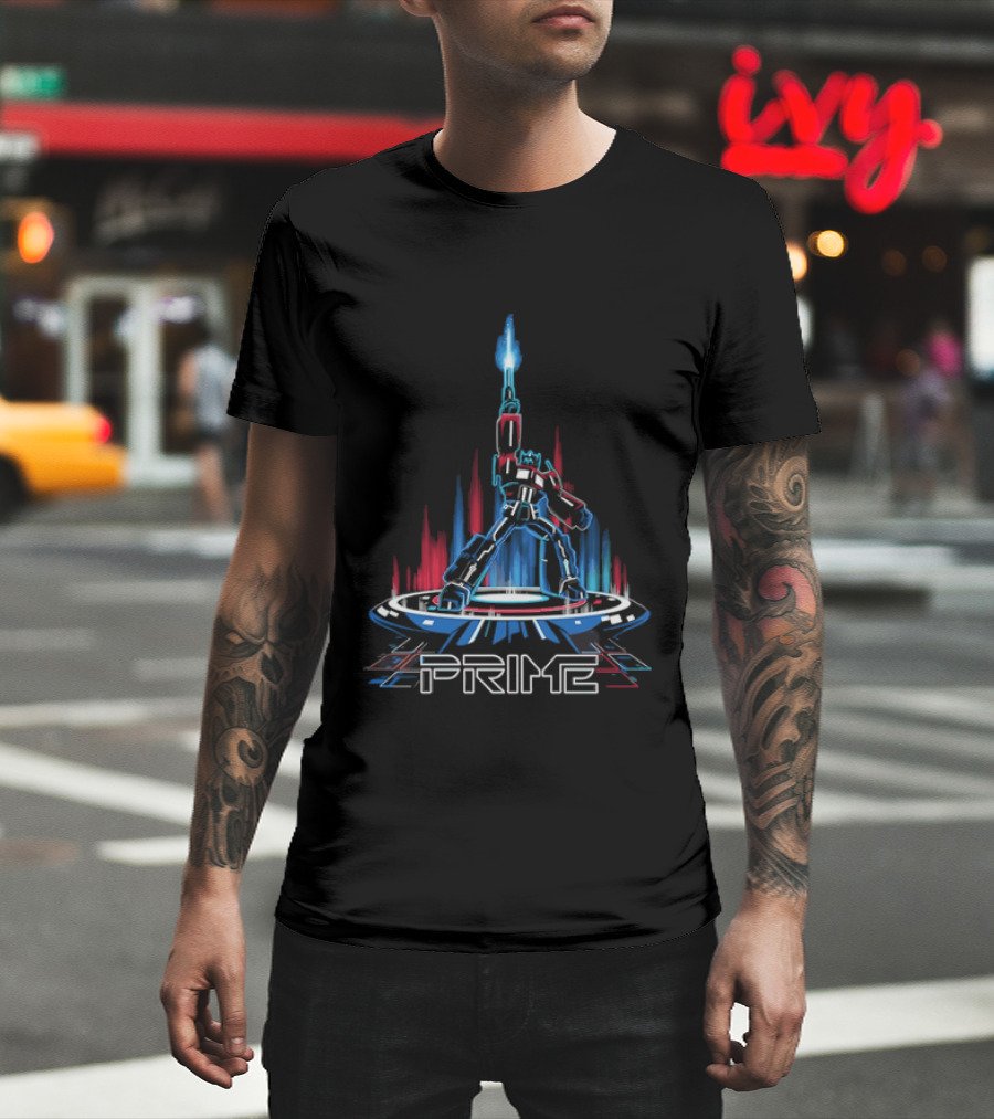 Prime Neon Robot Raising Glowing Light Beam Circular Platform T-Shirt
