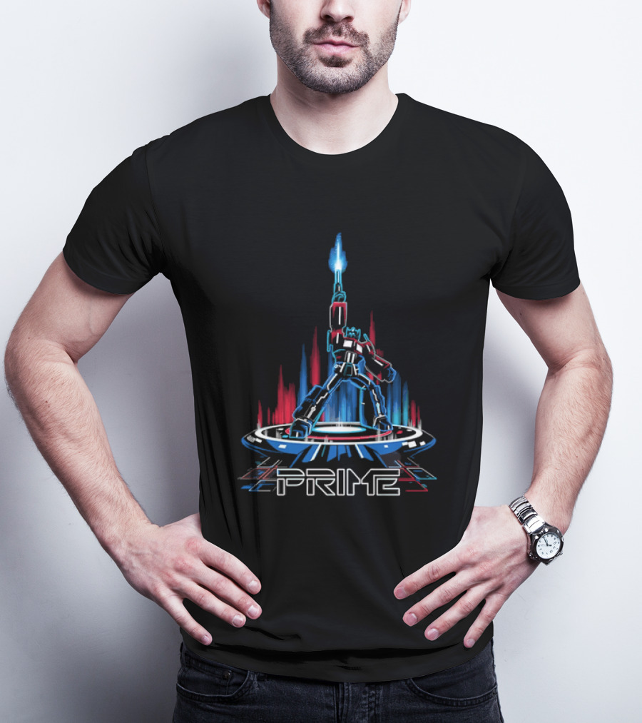 Prime Neon Robot Raising Glowing Light Beam Circular Platform T-Shirt