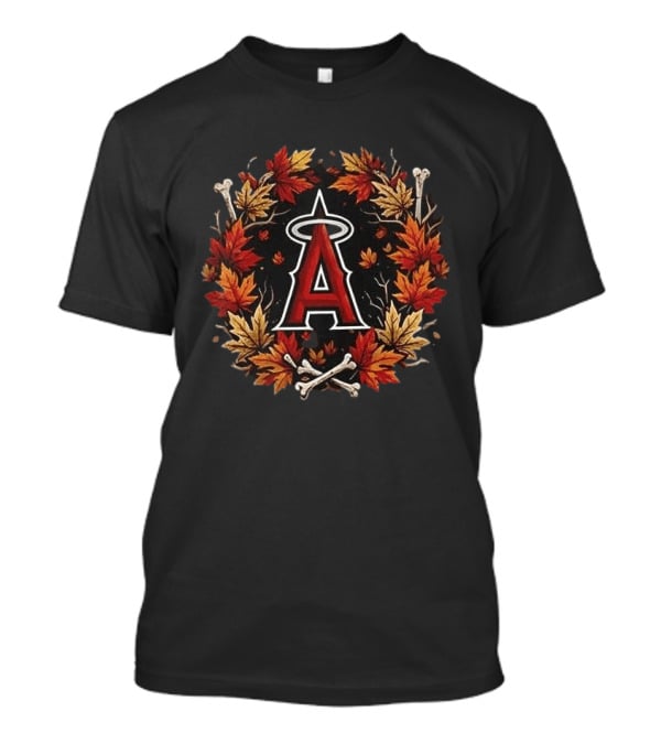 Los Angeles Angels Maple Leaves Skull Crossed Bats Baseballs Halloween T-Shirt
