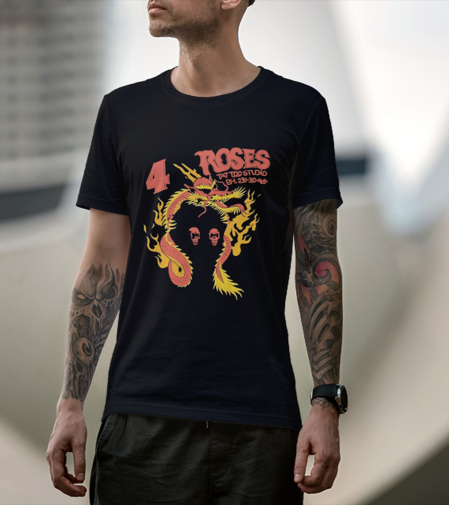 4 Roses Tattoo Studio Ph 231 3044 Dragon Yellow Flames Red Skulls T-Shirt