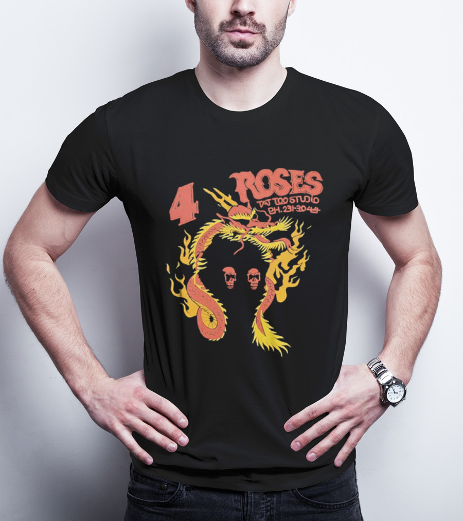 4 Roses Tattoo Studio Ph 231 3044 Dragon Yellow Flames Red Skulls T-Shirt