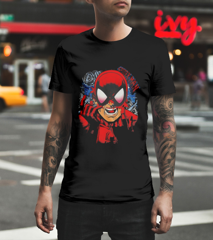 Spider Man Marvel Comics Pulling Off Mask Action T-Shirt