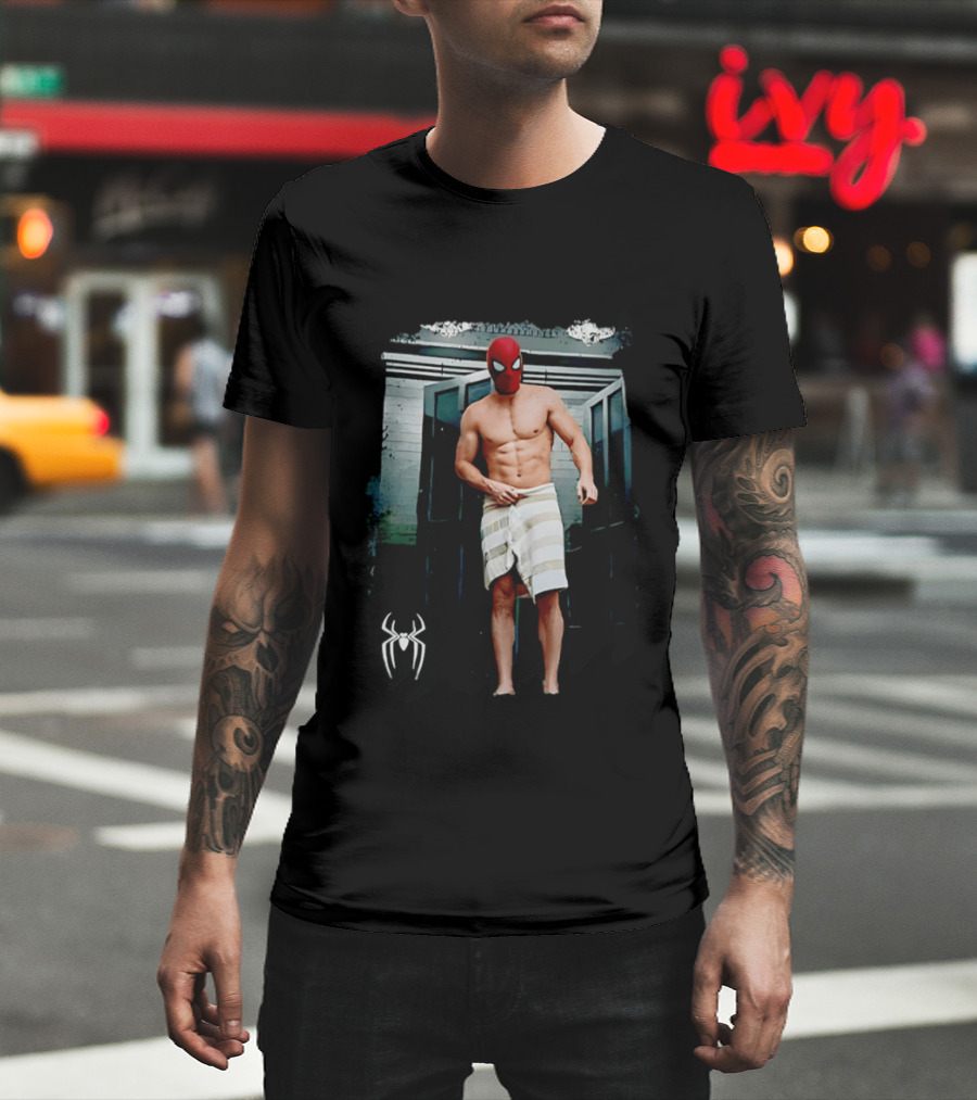 Spider Man Masked Figure In Towel Scene With Iconic White Spider T-Shirt