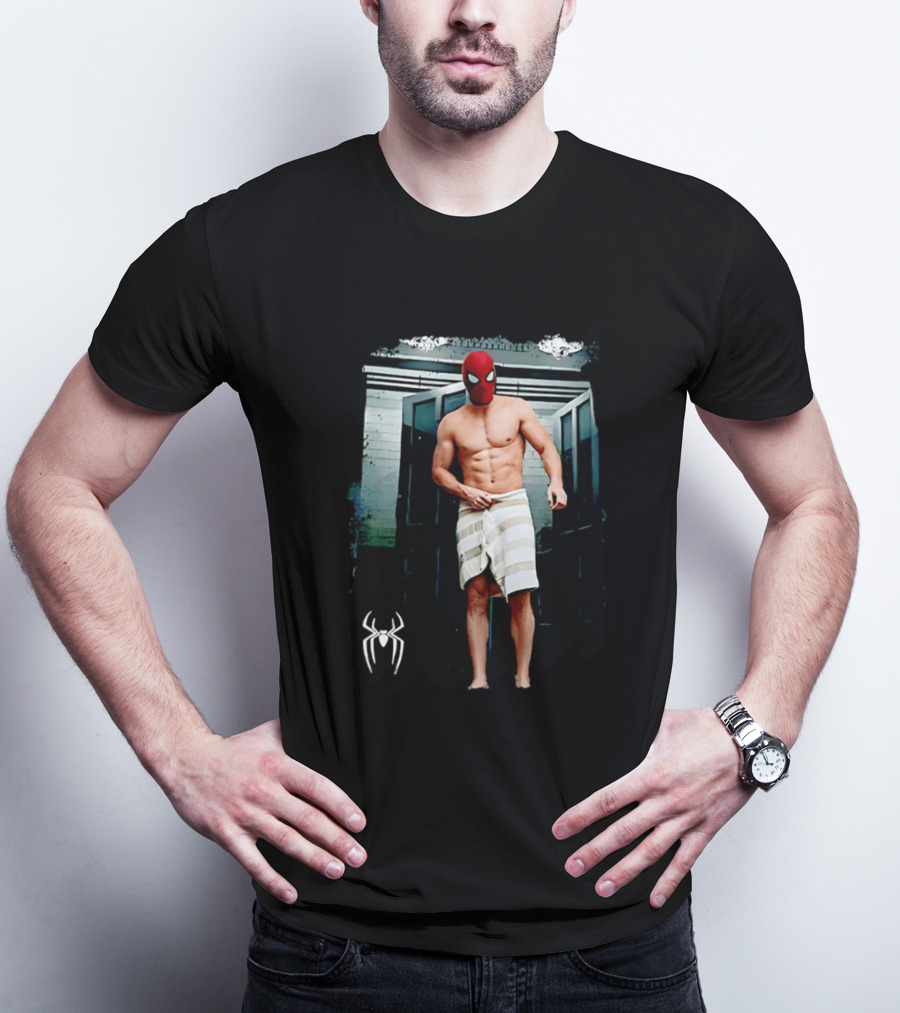 Spider Man Masked Figure In Towel Scene With Iconic White Spider T-Shirt