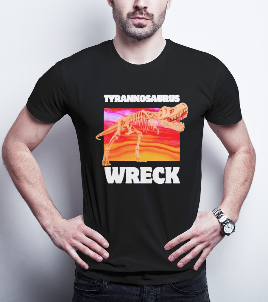 Tyrannosaurus Wreck Dinosaur Pun With Rex Skeleton On Sunset T-Shirt