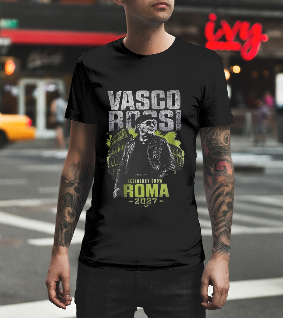Vasco Rossi Residency Show Roma 2027 Black Leather Jacket Iconic Performance T-Shirt