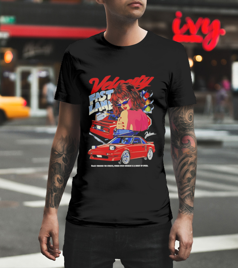 Velocity Fast Lane Blaze Through The Streets Classic Red Cars Retro Vibe T-Shirt