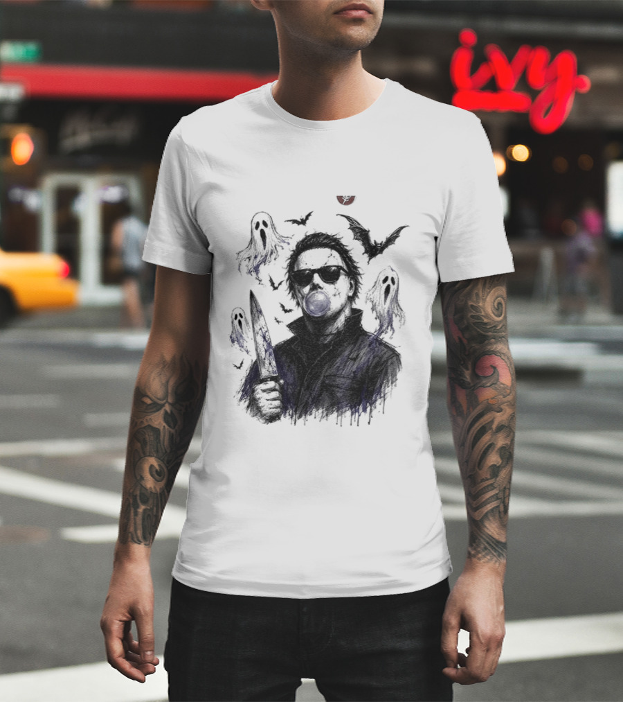 Michael Myers Bubble Gum Slasher Spooky Season Movie Ghosts And Bats T-Shirt