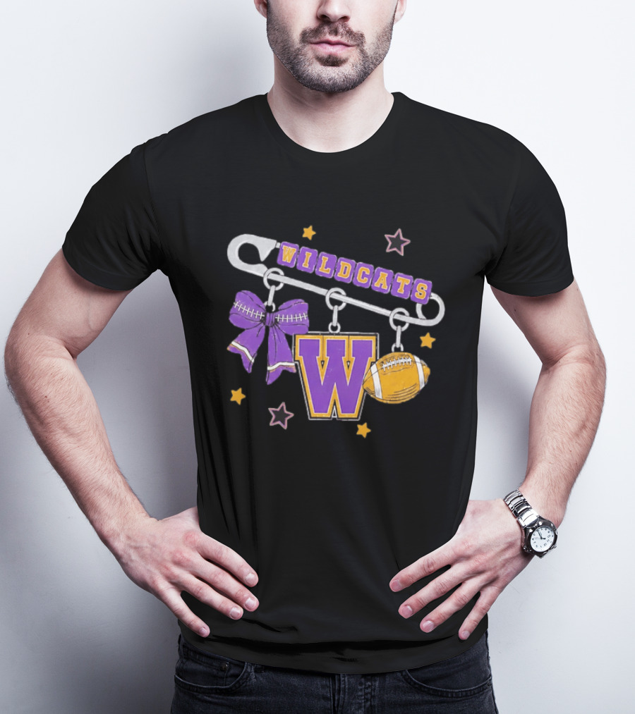 Wildcats Safety Pin Bow W Football Charm Distressed T-Shirt