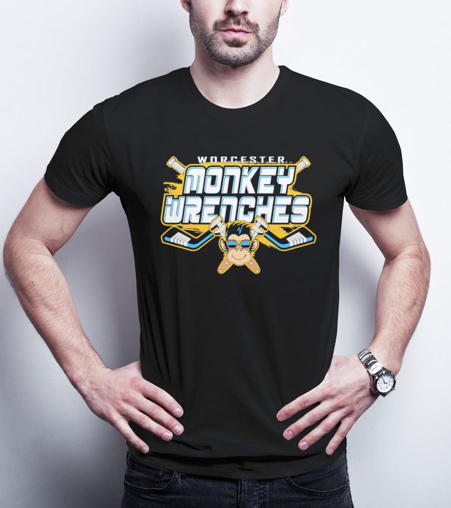 Worcester Monkey Wrenches Hockey Player Monkey With Crossed Wrenches And Hockey Sticks T-Shirt