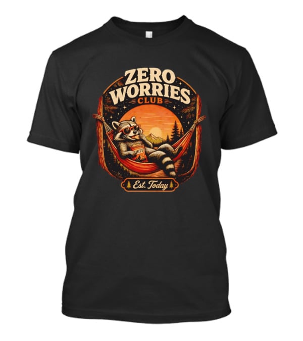 Zero Worries Club Raccoon Relaxing In Hammock Eating Chips At Sunset T-Shirt