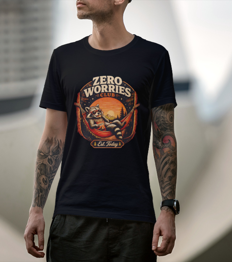 Zero Worries Club Raccoon Relaxing In Hammock Eating Chips At Sunset T-Shirt