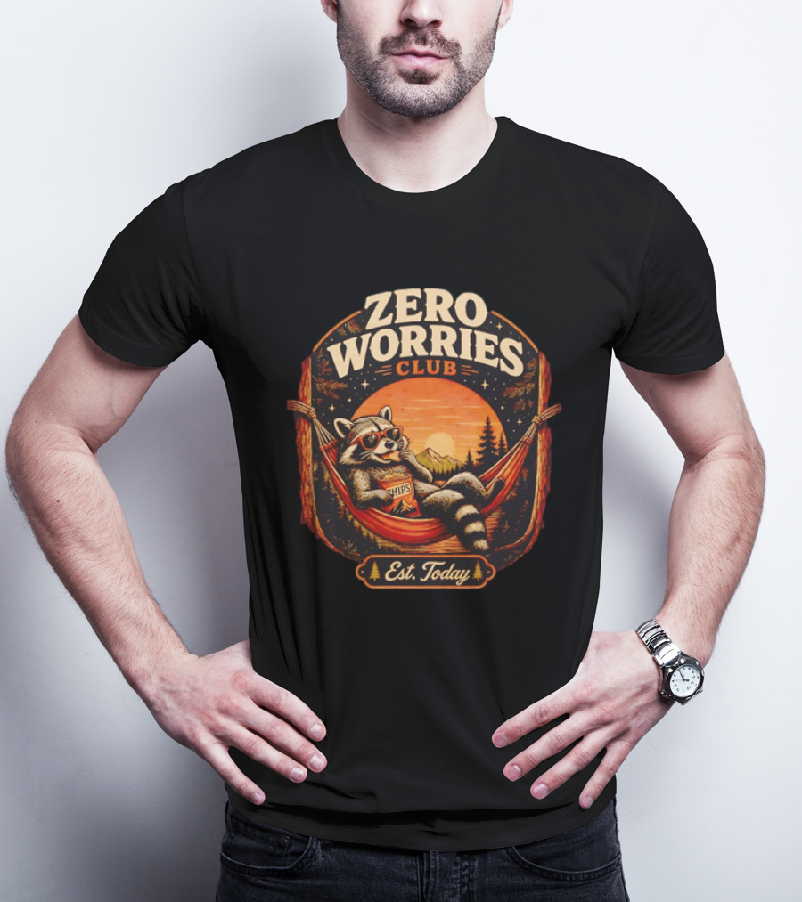 Zero Worries Club Raccoon Relaxing In Hammock Eating Chips At Sunset T-Shirt