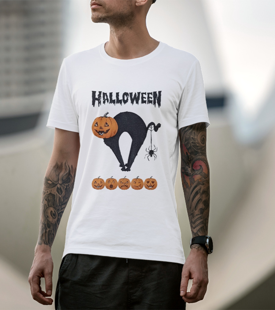 Halloween Pumpkin Cat Black Spider Five Jack O' Lanterns T-Shirt