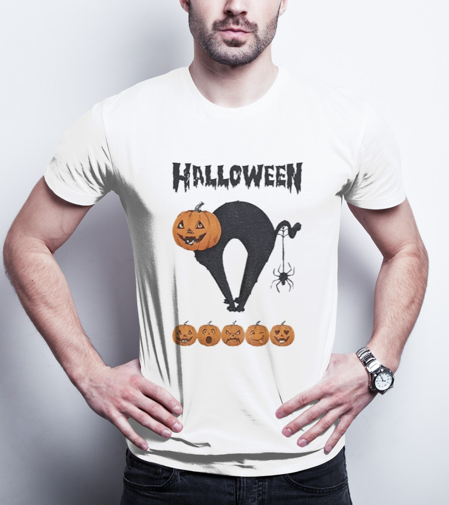 Halloween Pumpkin Cat Black Spider Five Jack O' Lanterns T-Shirt