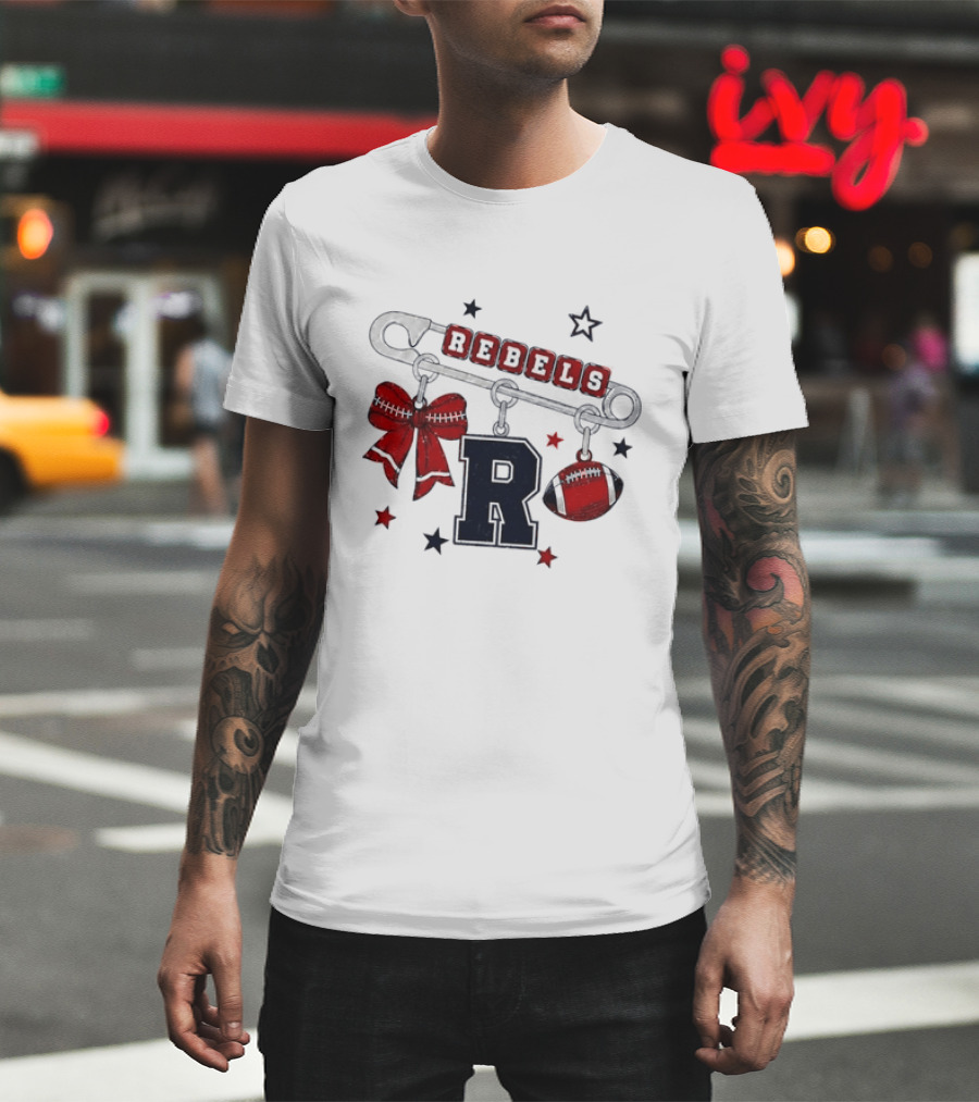 Rebels R Charm Safety Pin Red Bow Football Stars T-Shirt